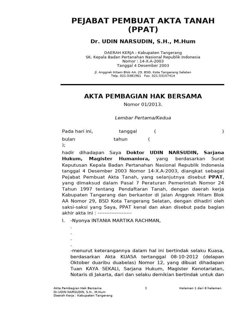 Blanko Akta Pembagian Hak Bersama - RVS | PDF Blanko Akta Pembagian Hak Bersama - RVS | PDF