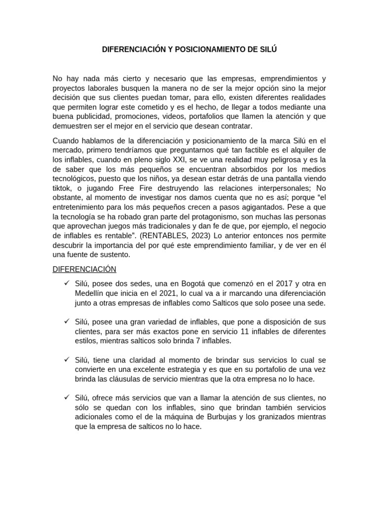 Diferenciación y Posicionamiento de Silú | PDF