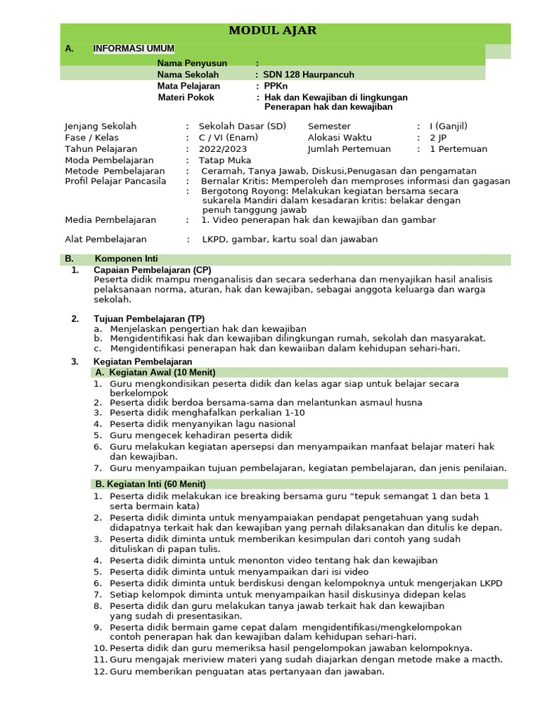 MODUL AJAR PP KELAS 6.doc Ok | PDF