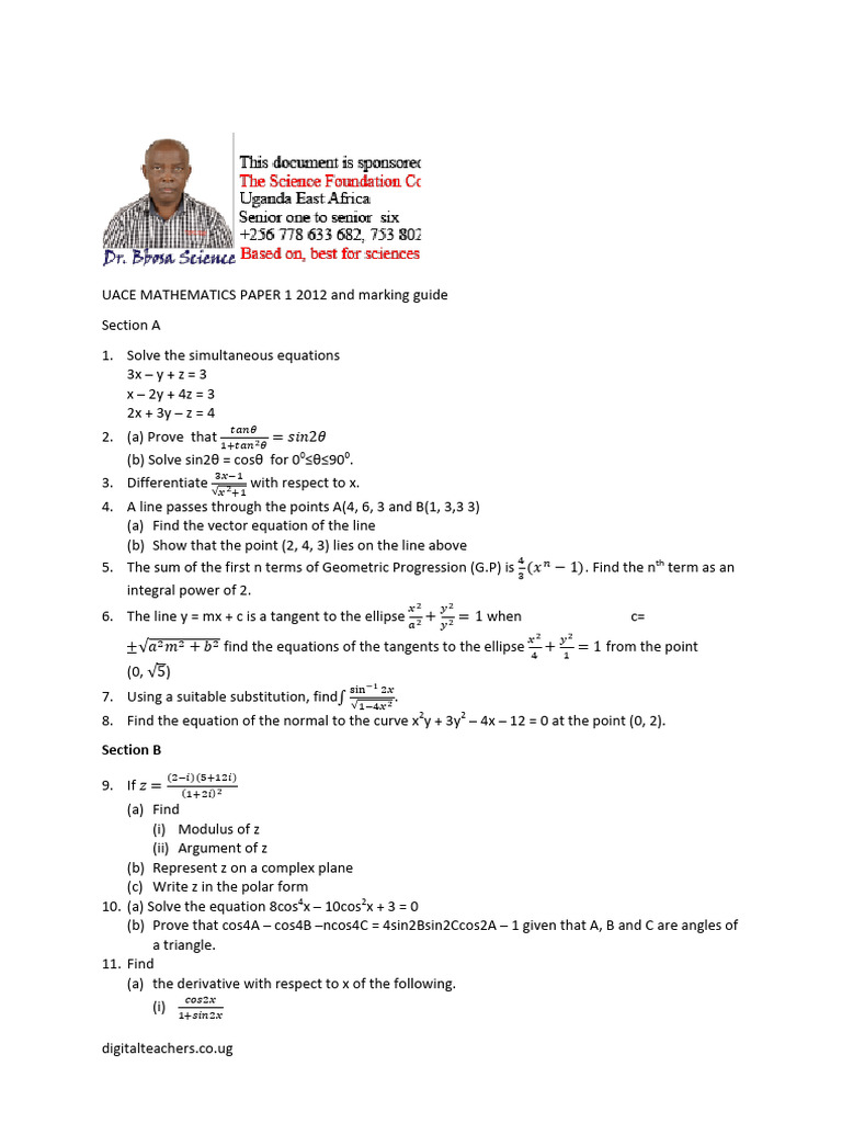 UACE MATHEMATICS PAPER 1 2012 and Marking Guide | PDF