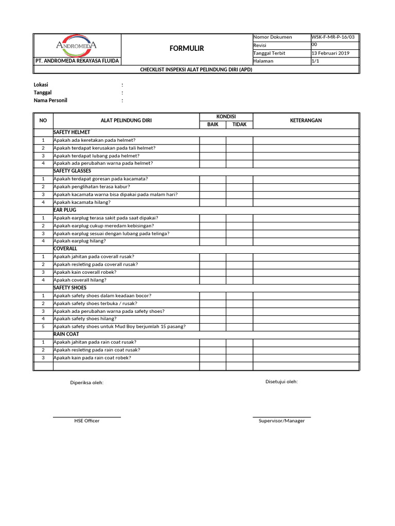 Checklist Inspeksi Alat Pelindung Diri (APD) | PDF