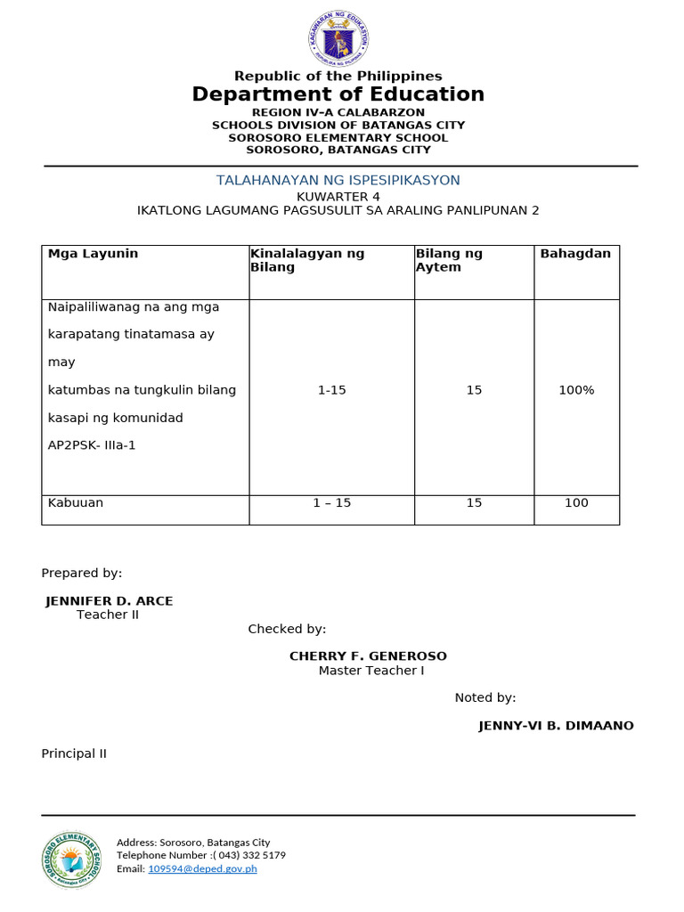 Department of Education: Talahanayan NG Ispesipikasyon | PDF