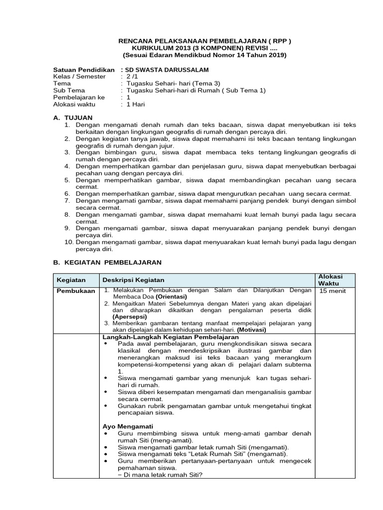 RPP 1 Lembar Kelas 2 Tema 3 | PDF