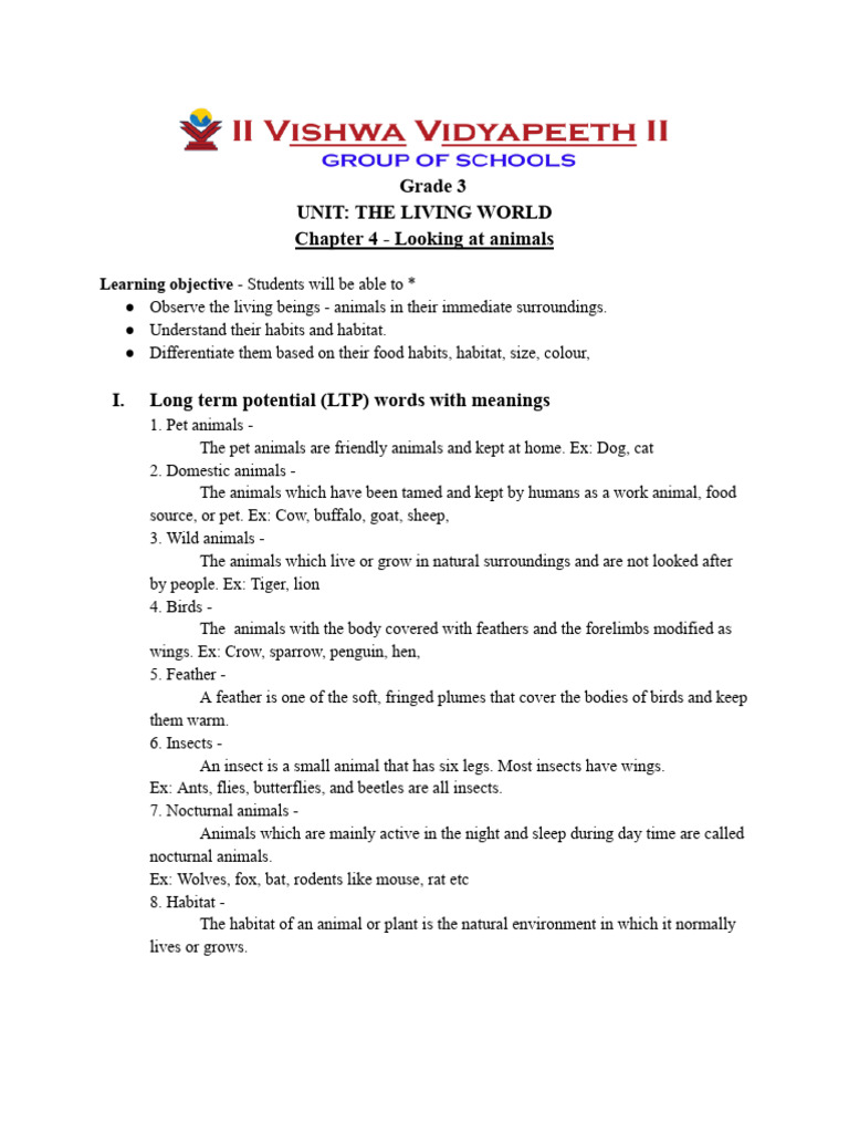 Notes Grade 3 CH 4 Looking at Animals | PDF