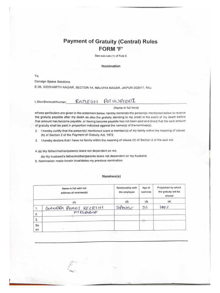 Form F - Gratuity Form | PDF