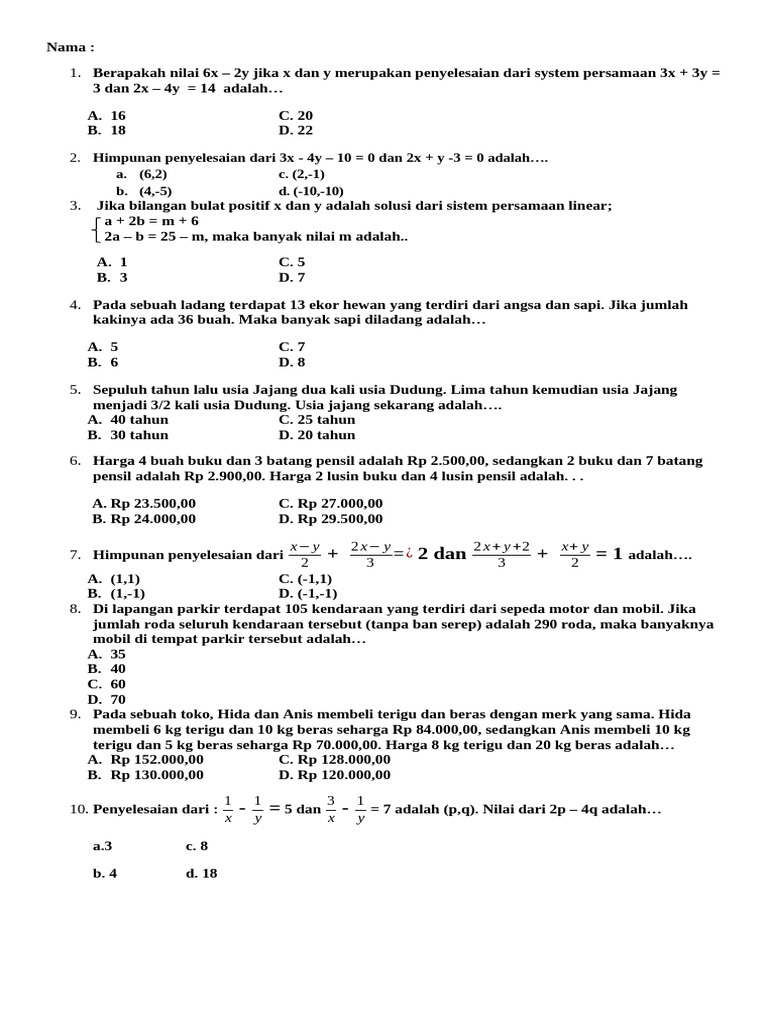 Soal Kuis SPLDV 8 | PDF