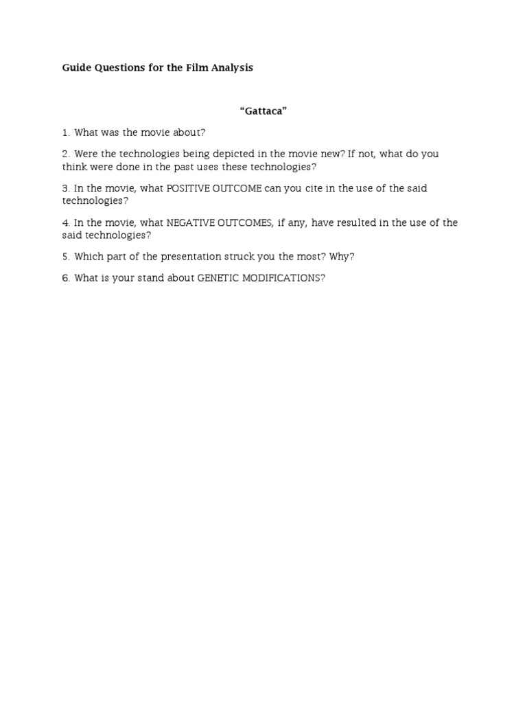 Gattaca Film Analysis Guide Questions | PDF | Organisms | Life Sciences