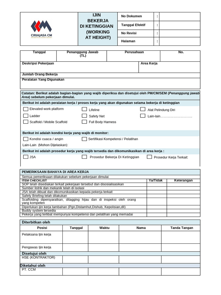 Form Ijin Bekerja Di Ketinggian (Working at Height Permit) | PDF