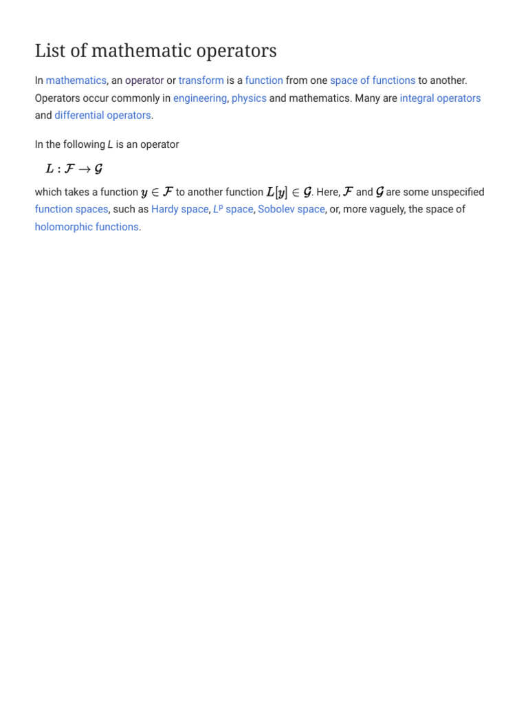 List of Mathematic Operators - Wikipedia | PDF