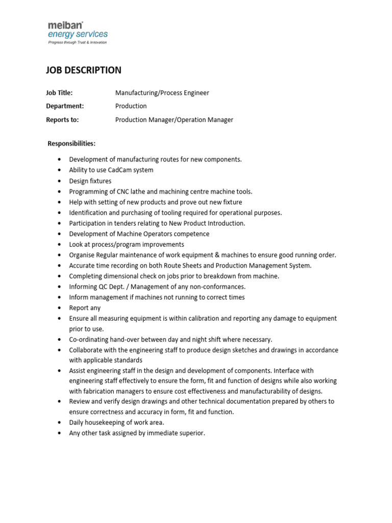 Job Description - Process Engineer | PDF | Engineering | Software