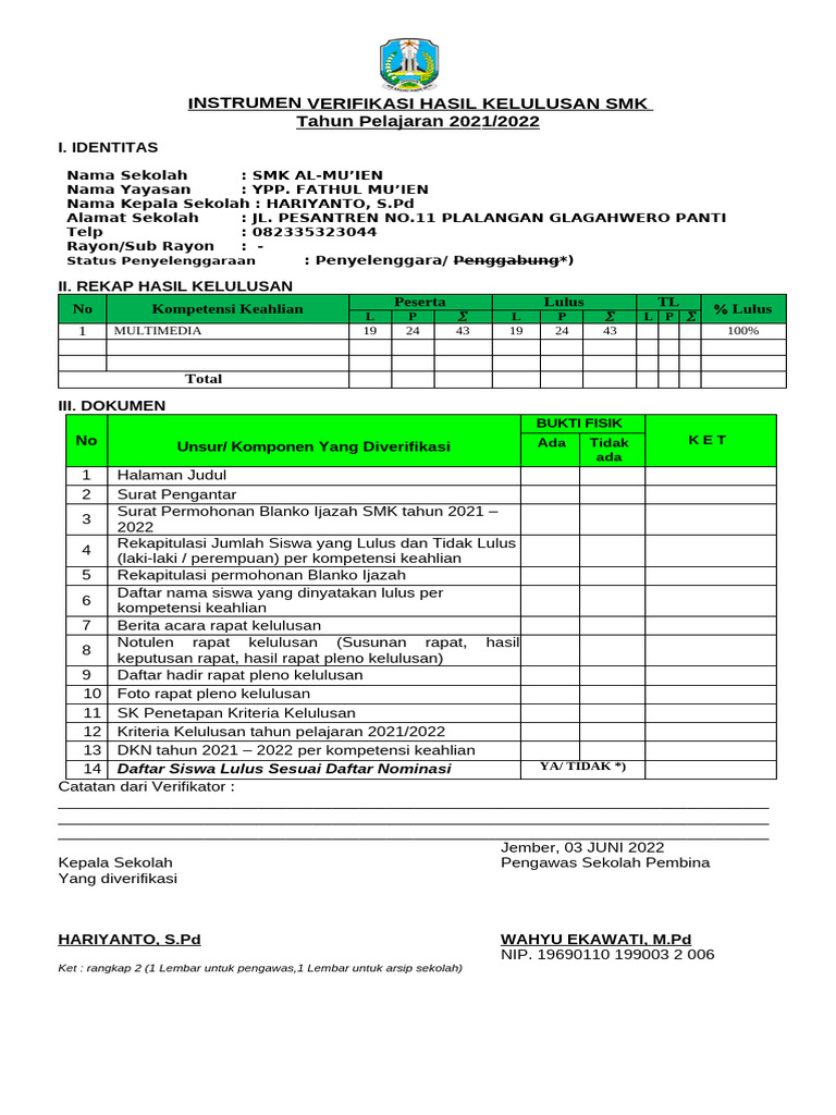 INSTRUMEN VERIFIKASI HASIL KELULUSAN SMK - Rev | PDF