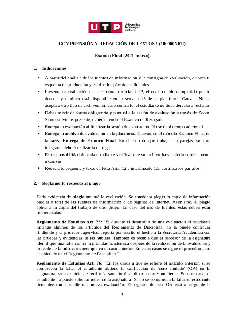 100000n01i Comprensión y Redacción de Textos 1-Examen Final (Formato Oficial Utp) | PDF