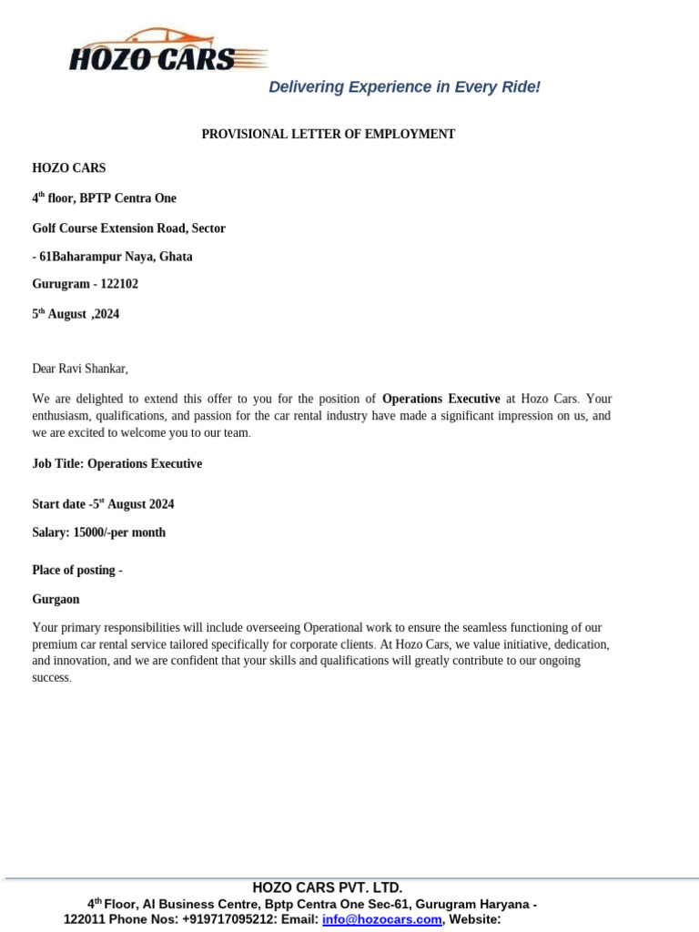 Operations Executive Job Offer at Hozo Cars | PDF | Business | Career ...