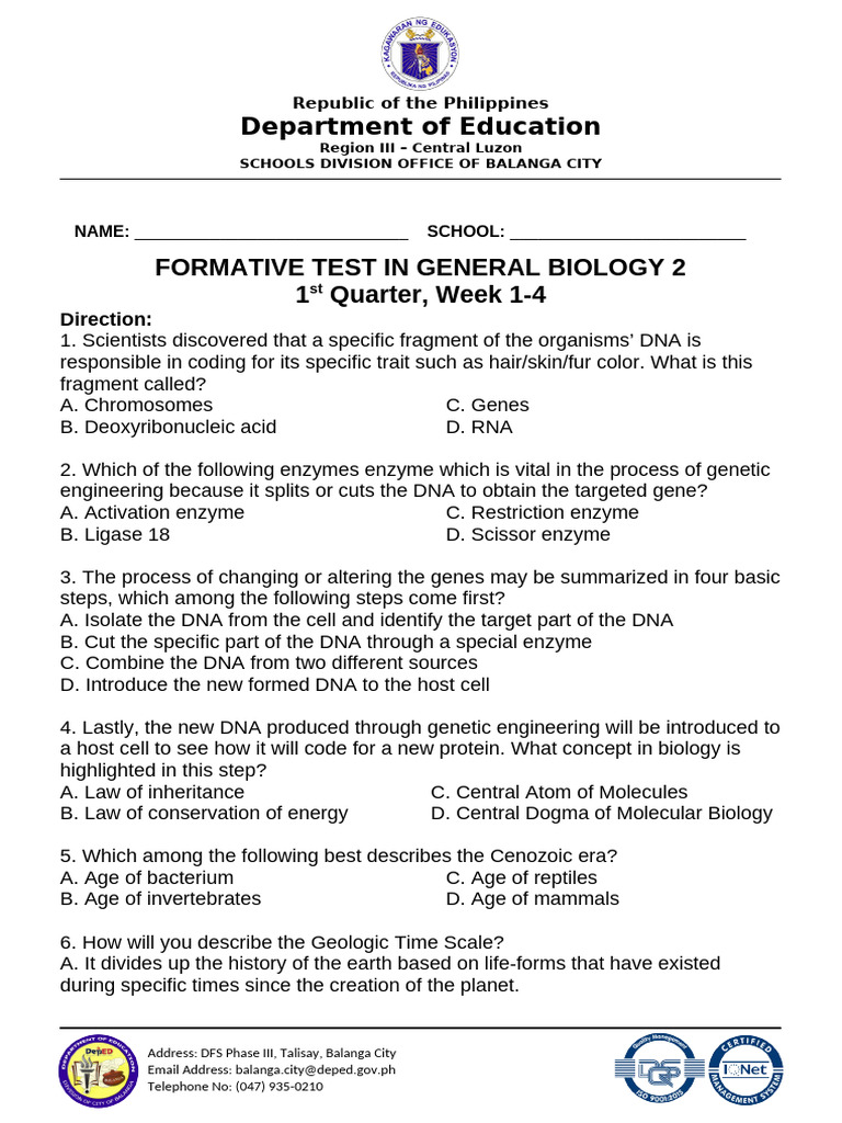 REVISED-GEN-BIO-2-FORMATIVE-ASSESSMENT | PDF