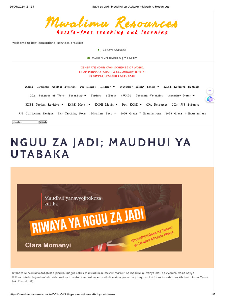 Nguu Za Jadi Maudhui Ya Utabaka - Mwalimu Resources | PDF
