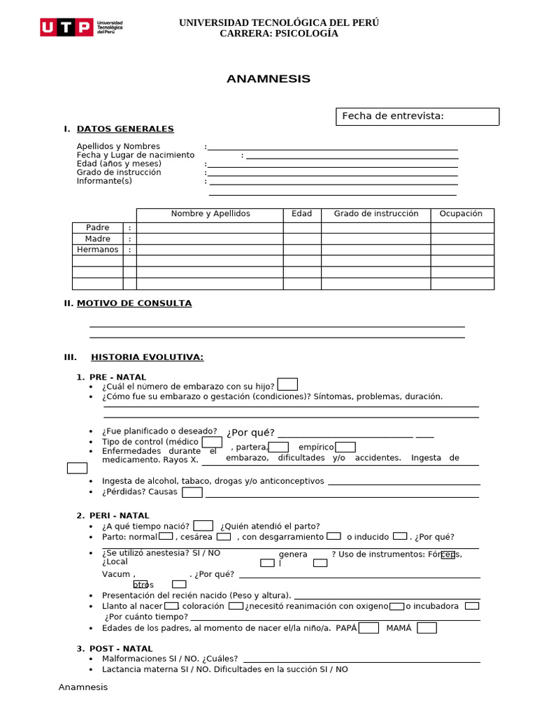 Formato de Anamnesis Infantil | PDF