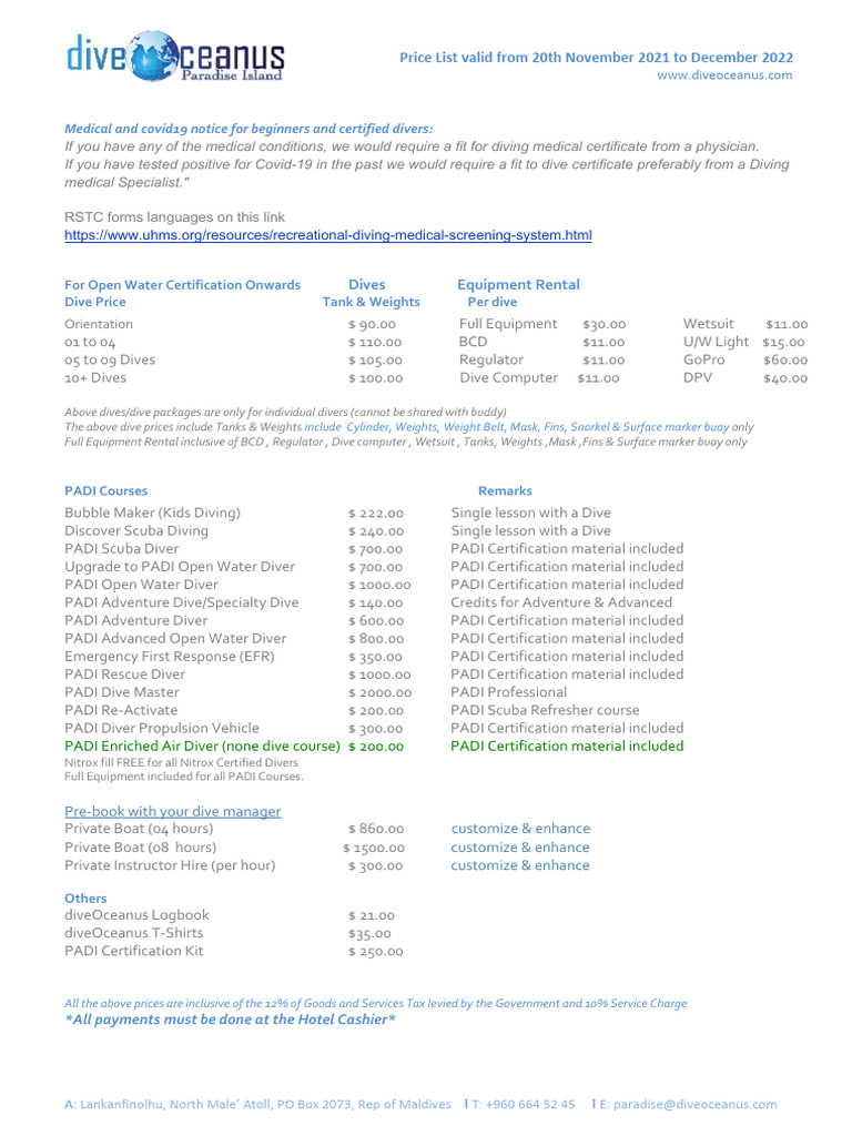 Price List Paradise Island 2021 | PDF | Scuba Diving | Underwater ...