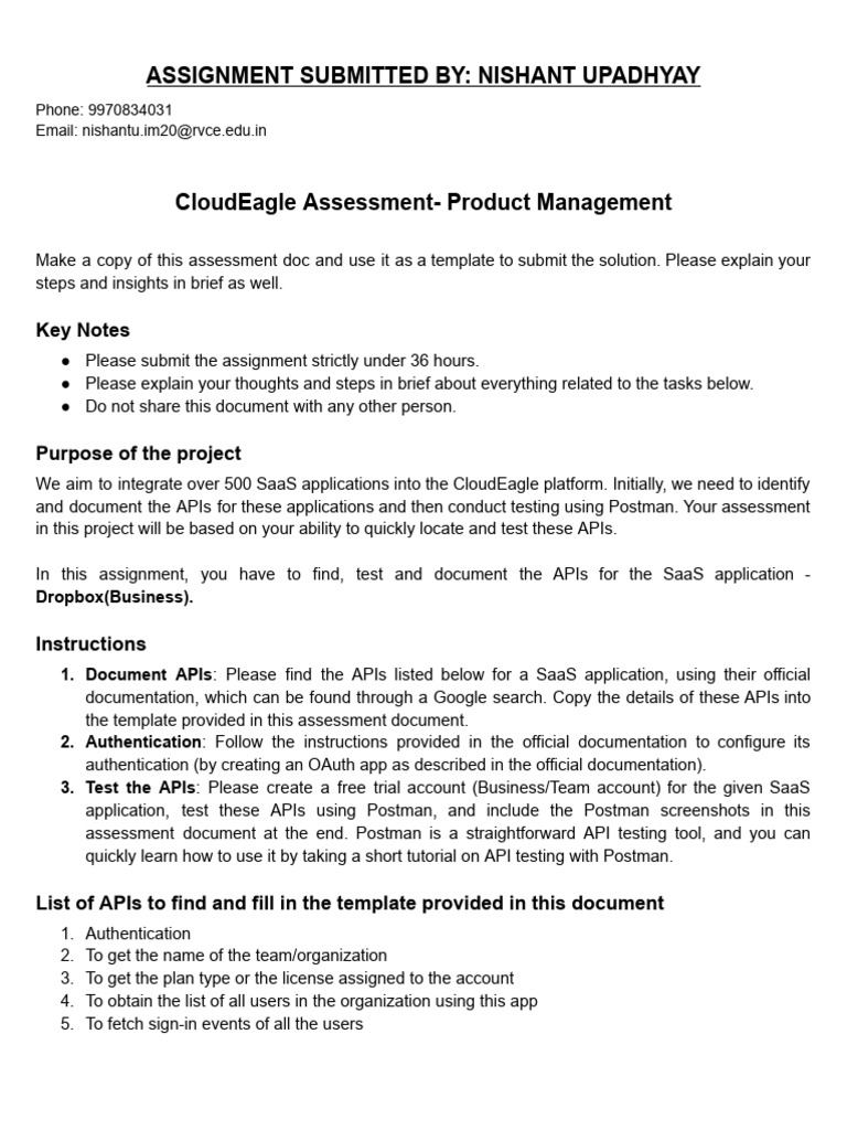 Nishant Upadhyay - Product Management Internship - Dropbox (Business) API Assignment | PDF