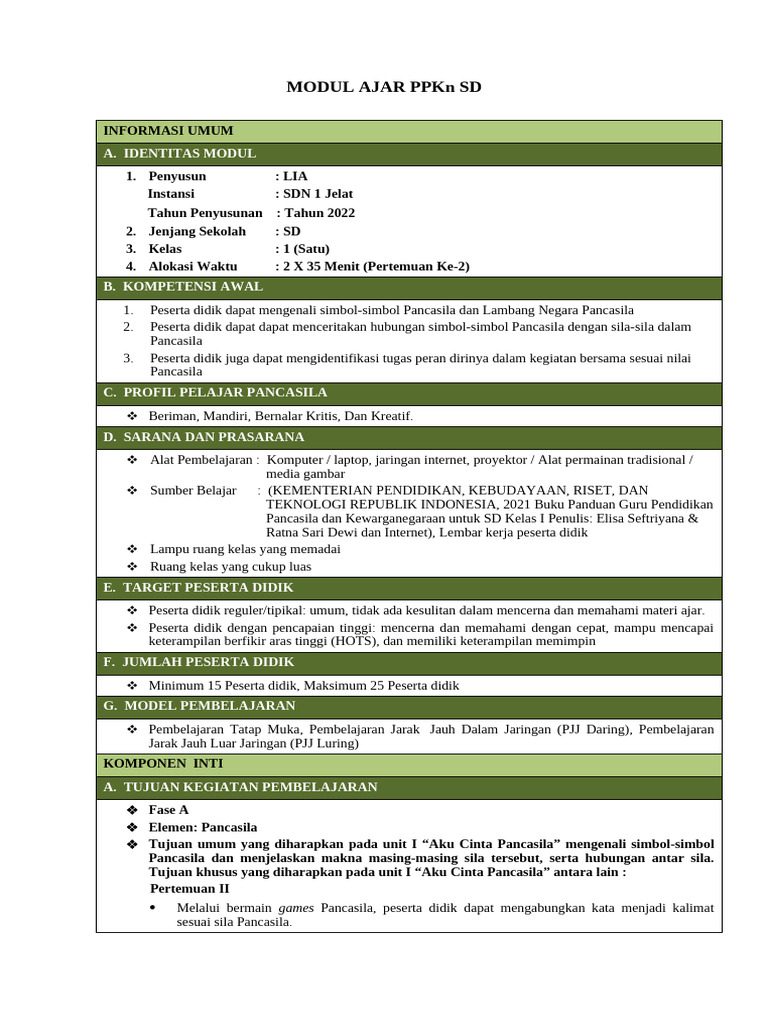 Modul Ajar PKN Kelas 1 | PDF