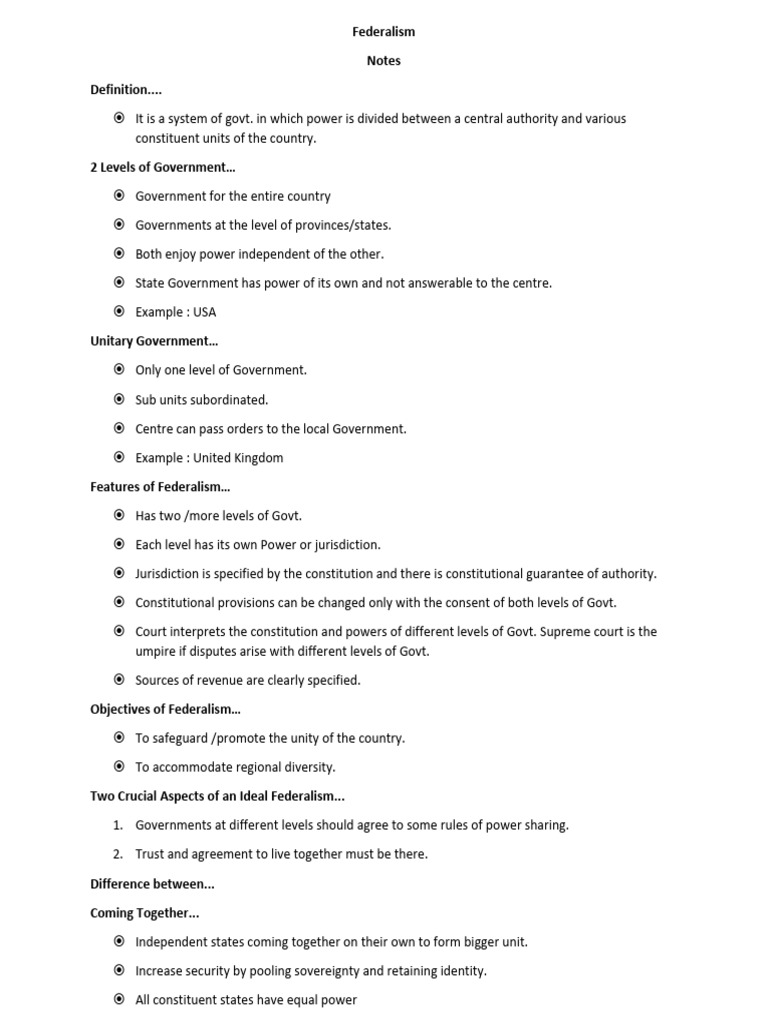 NOTES-Federalism (1) Class 10 | PDF