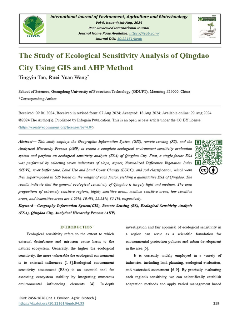 The Study of Ecological Sensitivity Analysis of Qingdao City Using GIS ...