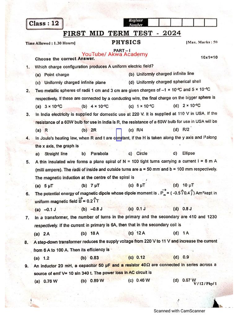 12th Physics 1st Mid Term Test 2024 Original Question Paper Tirupattur ...