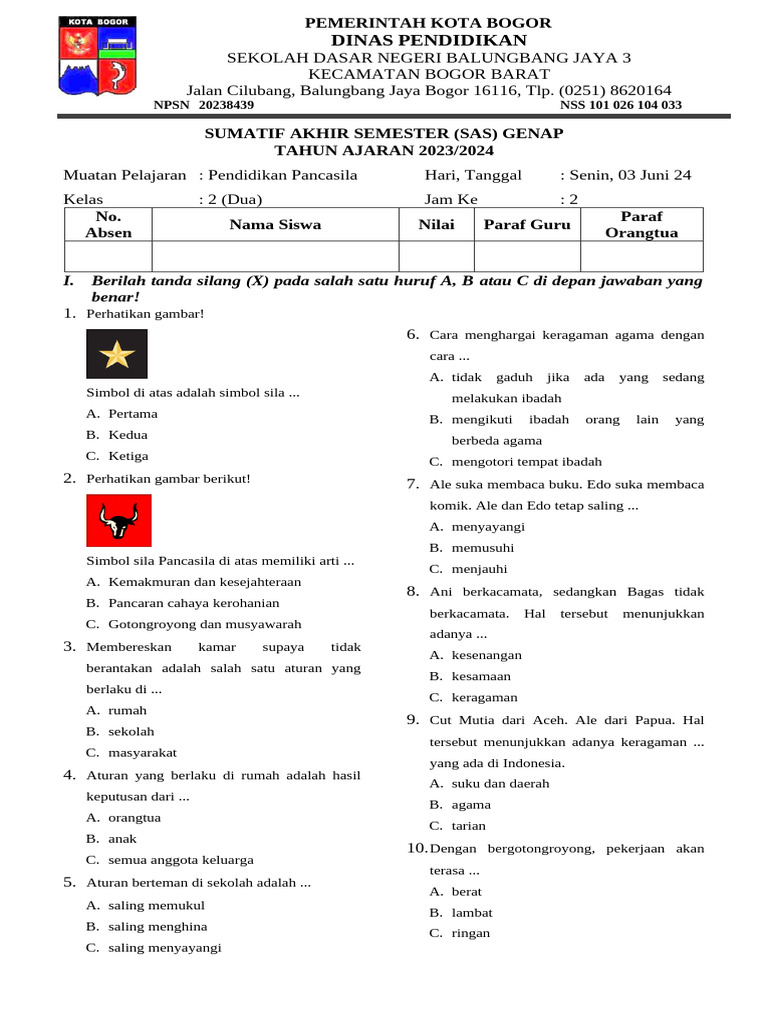 Fix Soal PKN KELAS 2 SMT 2 - 2023-2024 | PDF