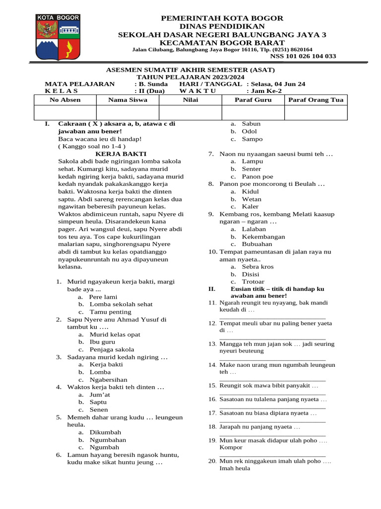 Fix Soal ASAS B Sunda - 2023-2024 | PDF