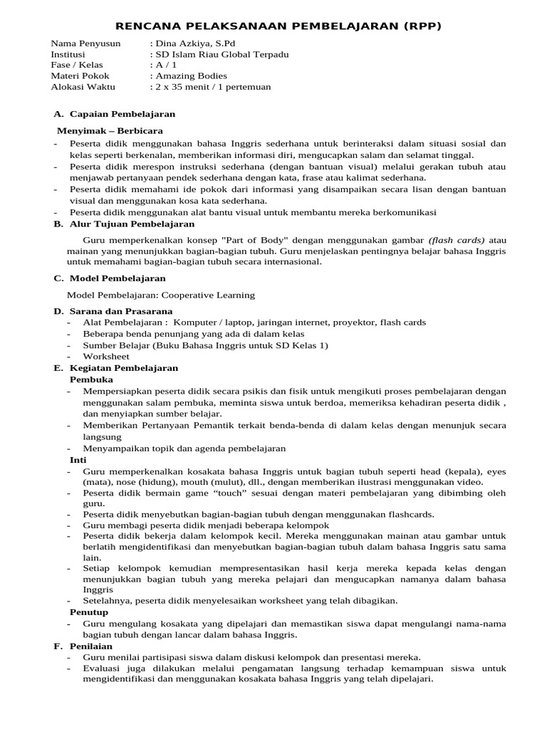 RPP 1 Lembar Worksheet | PDF