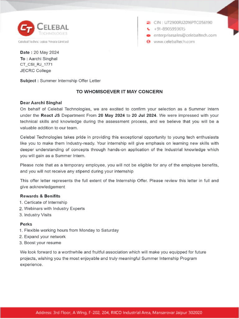 Aarchi Singhal 'S - Offer - Letter | PDF