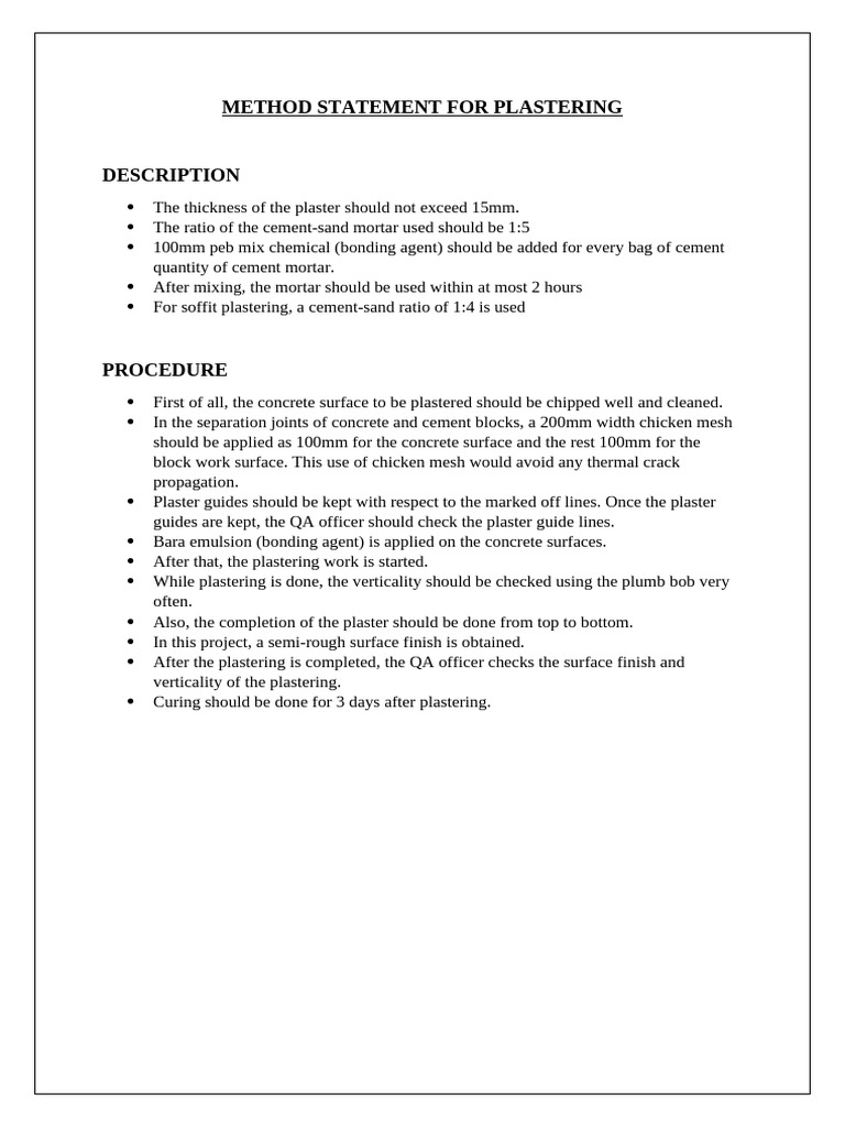 Method Statement For Plastering | PDF