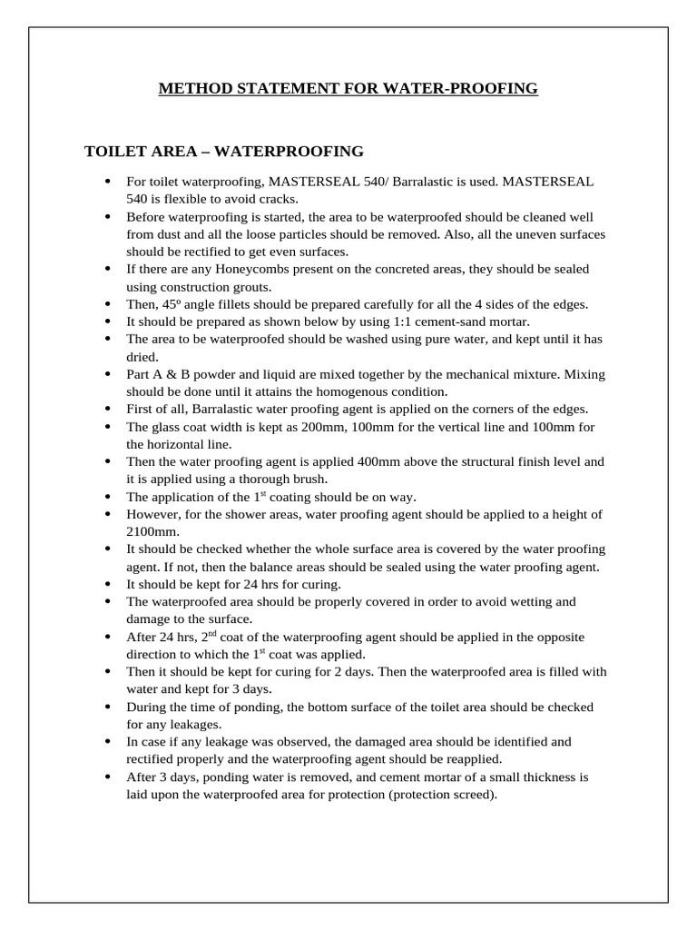 Method Statement For Water Proofing | PDF