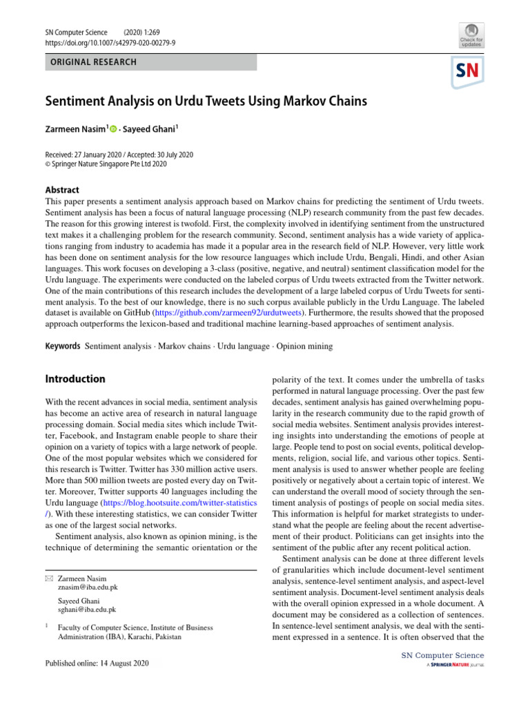 Sentiment Analysis On Urdu Tweets Using Markov Cha | PDF
