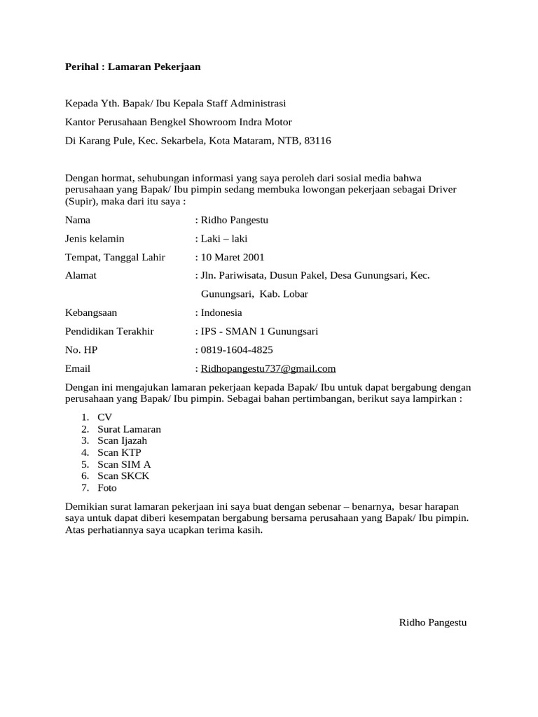 Surat Lamaran Ridho New | PDF | Career & Growth | Business