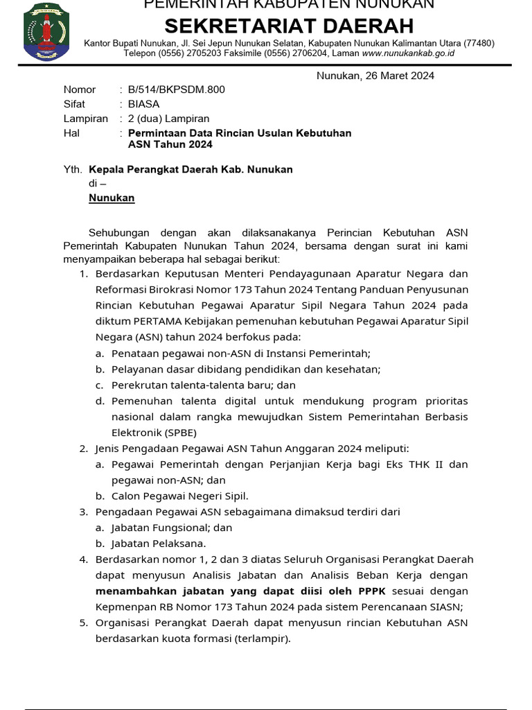 Surat Permintaan Rincian Kebutuhan Asn Tahun 2024 | PDF