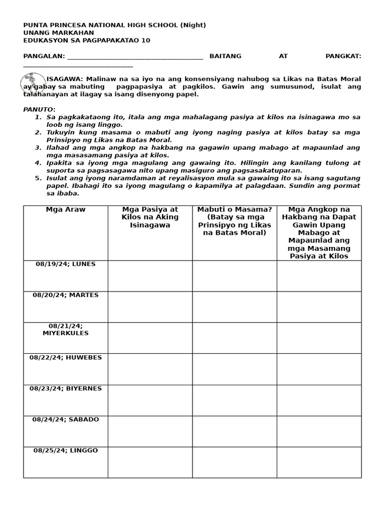 ESP 10 - 1 Week Activity (A4 Paper) | PDF