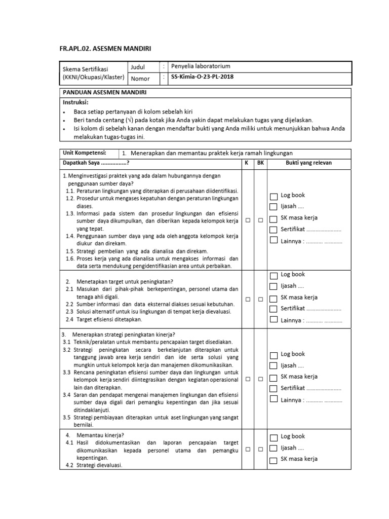 FR - Apl-02 Asesmen Mandiri-Penyelia Lab | PDF