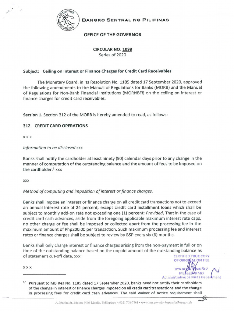 BSP Circular No 1098 Series of 2020 | PDF