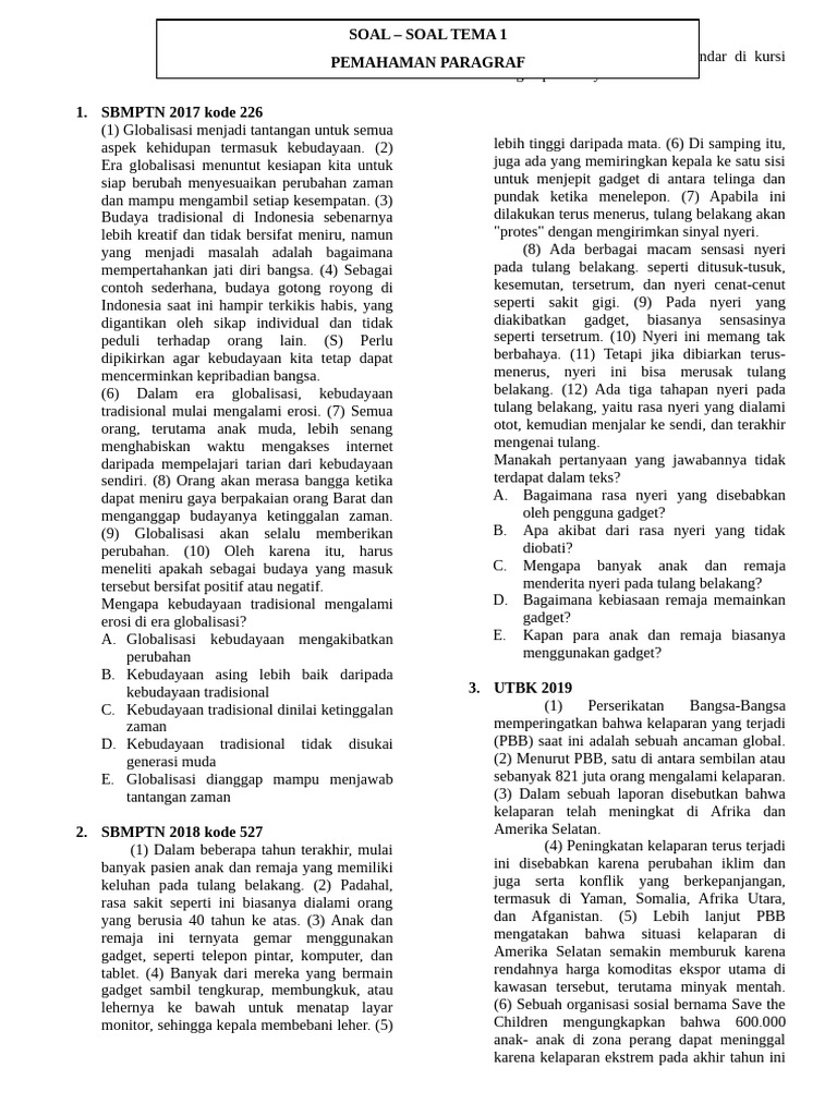 Soal Soal Tema 1 Pemahaman Paragraf | PDF