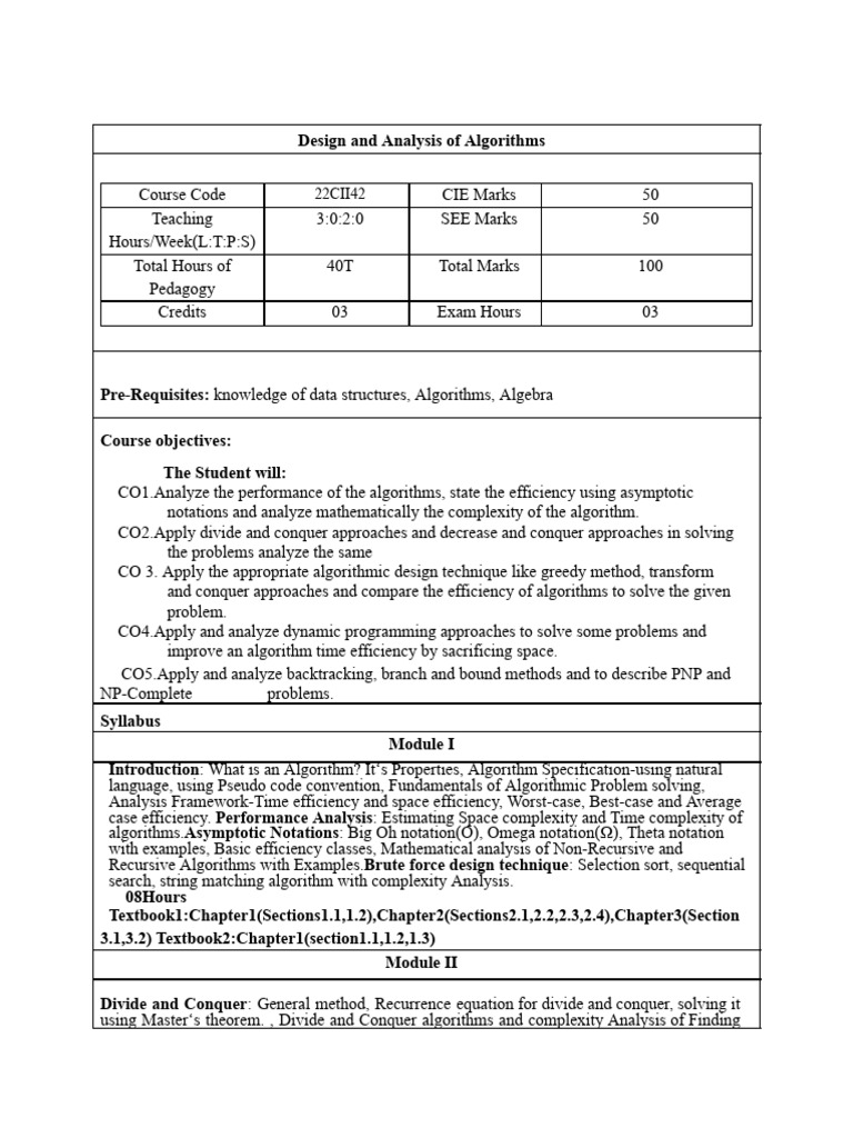 22CII42 - ADA Syllabus - Docx-1 | PDF | Algorithms | Teaching Methods ...