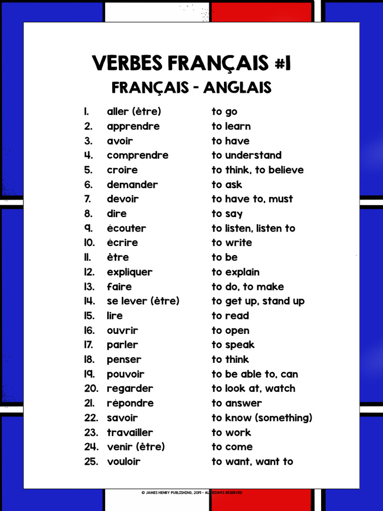 French Verbs List 1 - Flag Background | PDF