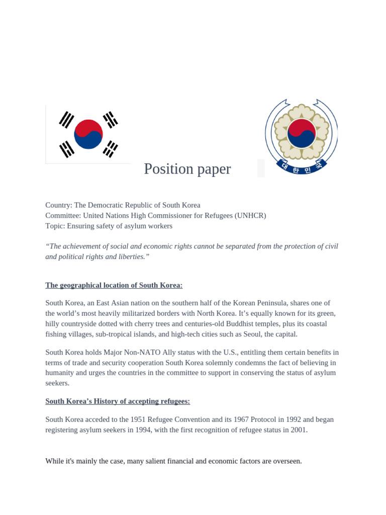 Position Paper For MUN Class 12 South Korea | PDF