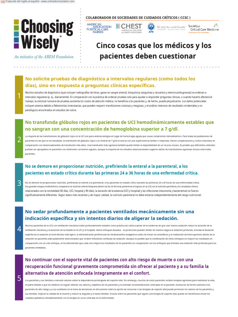 UPDATED 2022 ABIM Choosing Wisely Critical Care First Five - En.es | PDF