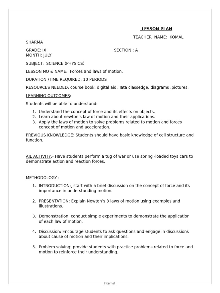LESSON PLAN Forces & Law of Motion 9 | PDF
