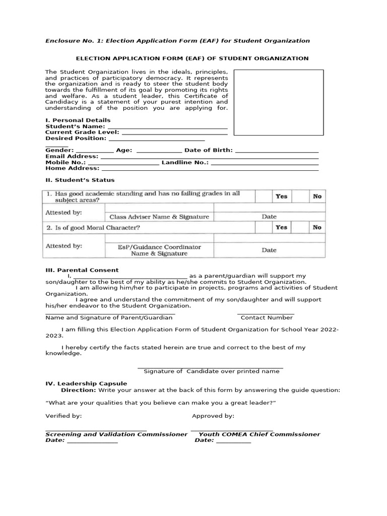 ENCLOSURE 1 - Election Application Form (Editable Template) | PDF