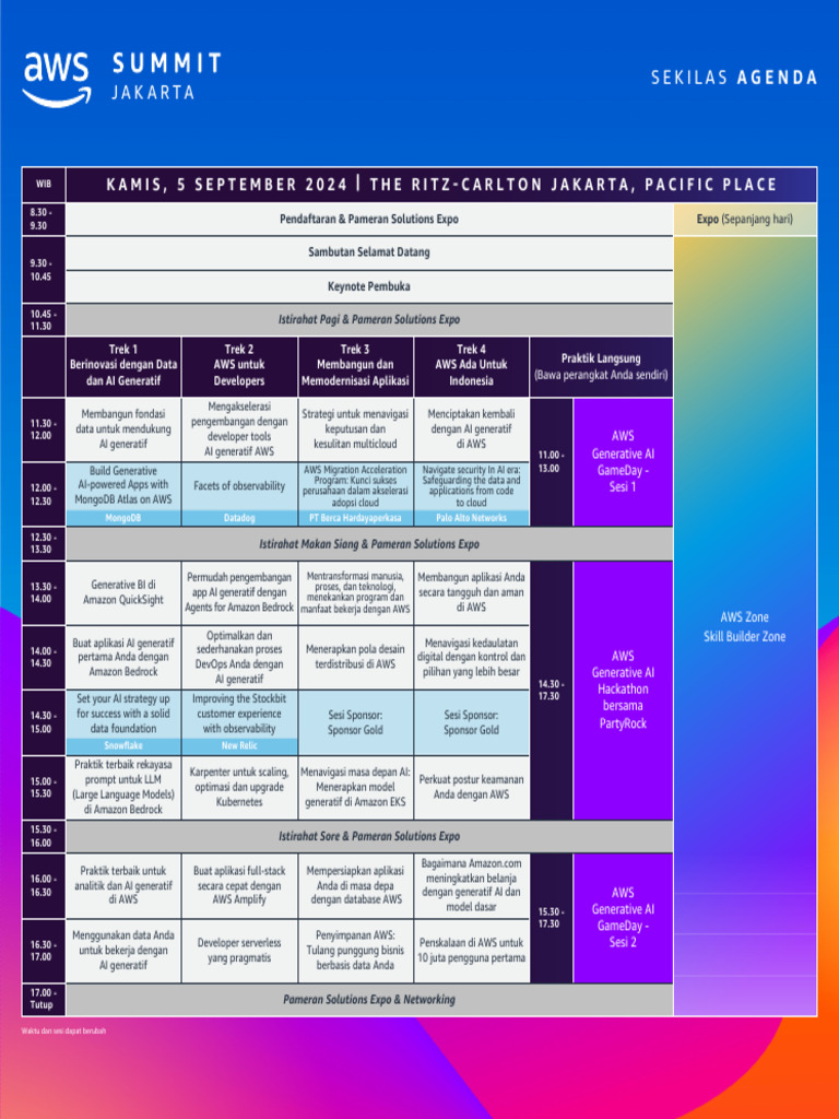 Aws Summit Jakarta 2024 Agenda at A Glance | PDF