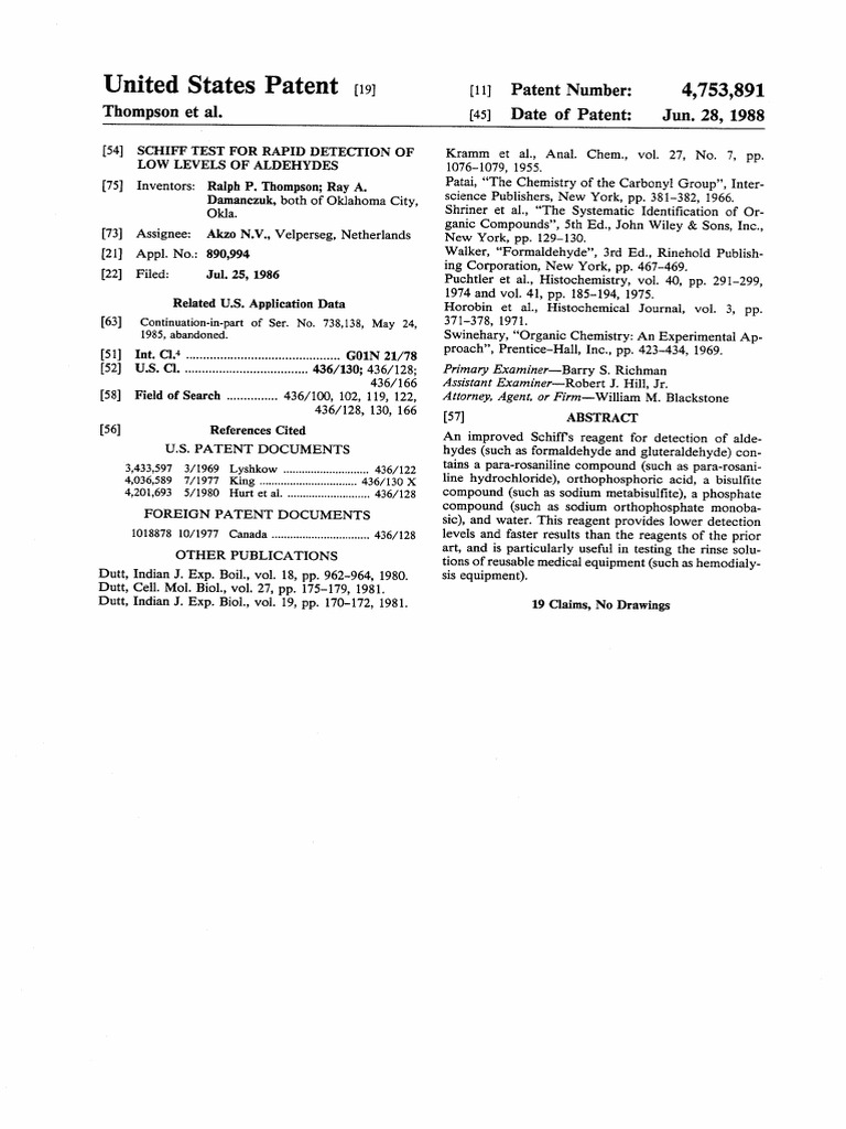 US4753891 - SCHIFF TEST FOR RAPID DETECTION OF Low Level Aldehyde | PDF