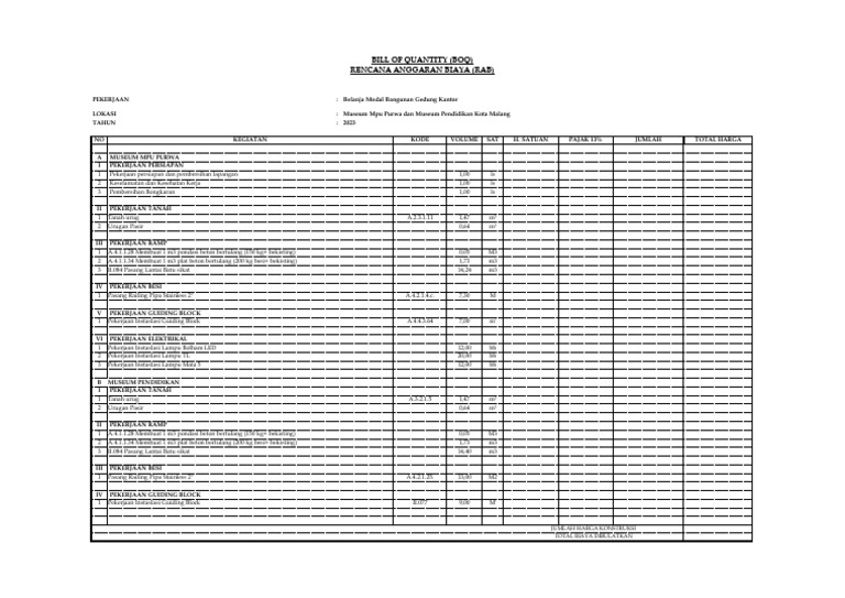 Bill of Quantity (Boq) Rencana Anggaran Biaya (Rab) : Total Biaya ...