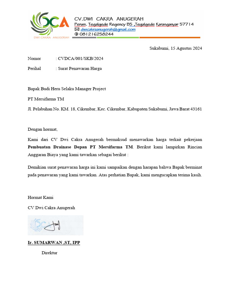 PENAWARAN DRAINASE PT MERSIFARNA TM (Dwi Cakra Anugerah) | PDF