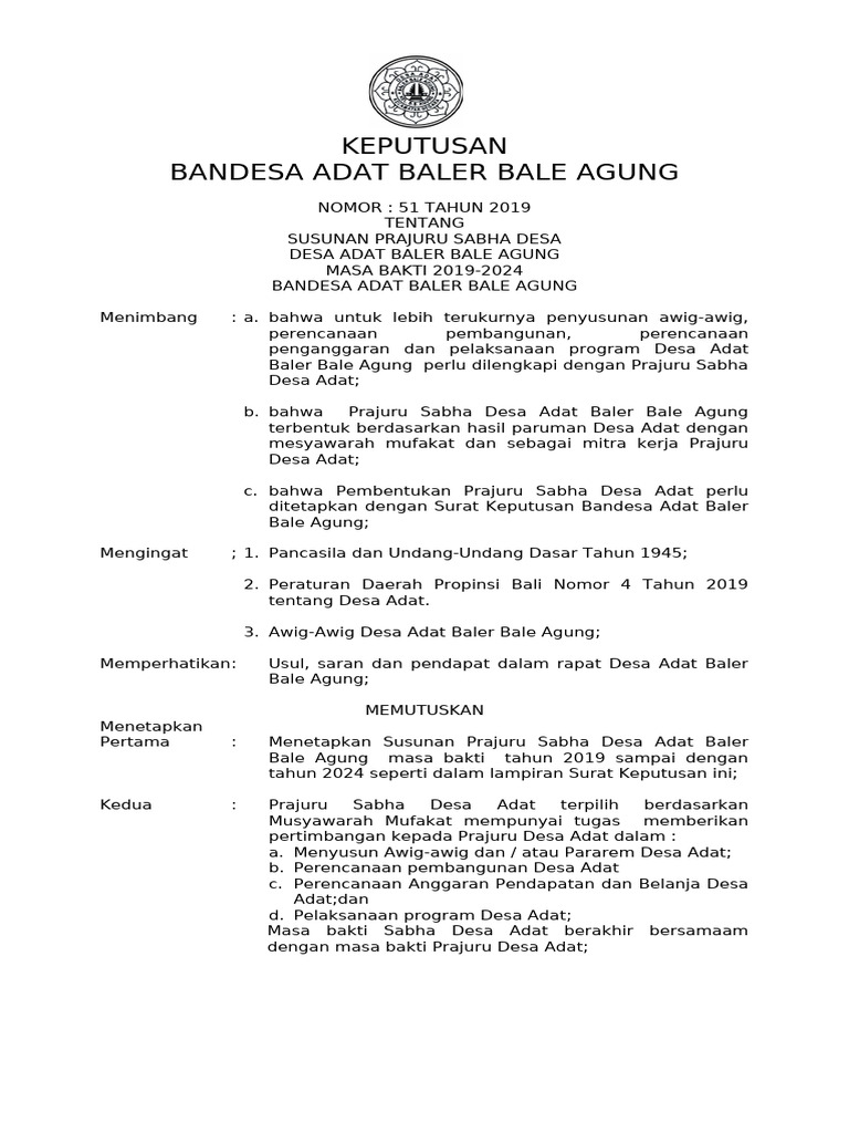 Sk. Sabha Desa Adat Baler Bale Agung | PDF